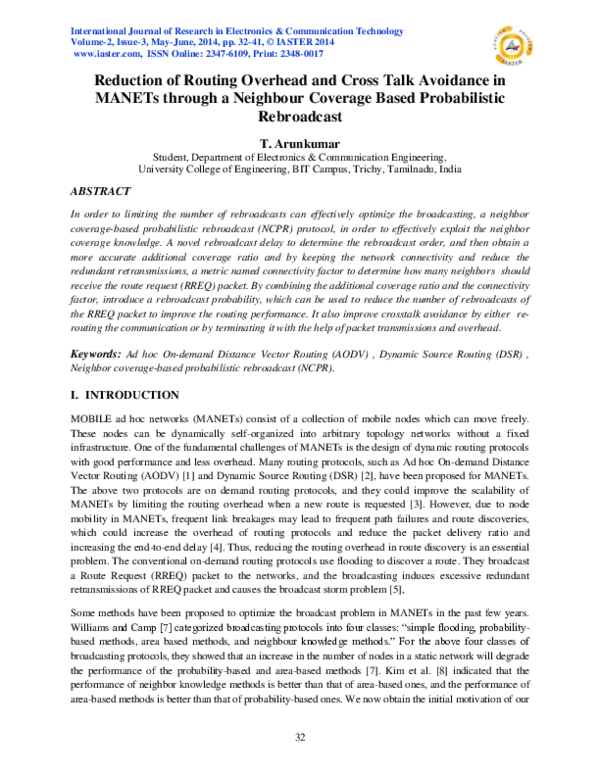 (PDF) Reduction of Routing Overhead and Cross Talk Avoidance in MANETs through a Neighbour ...