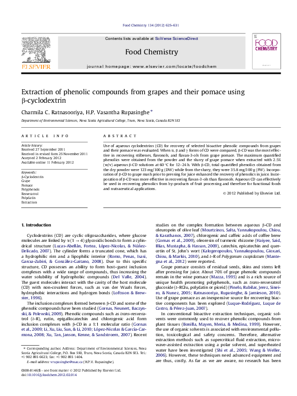 (PDF) Extraction of phenolic compounds from grapes and their pomace using β-cyclodextrin