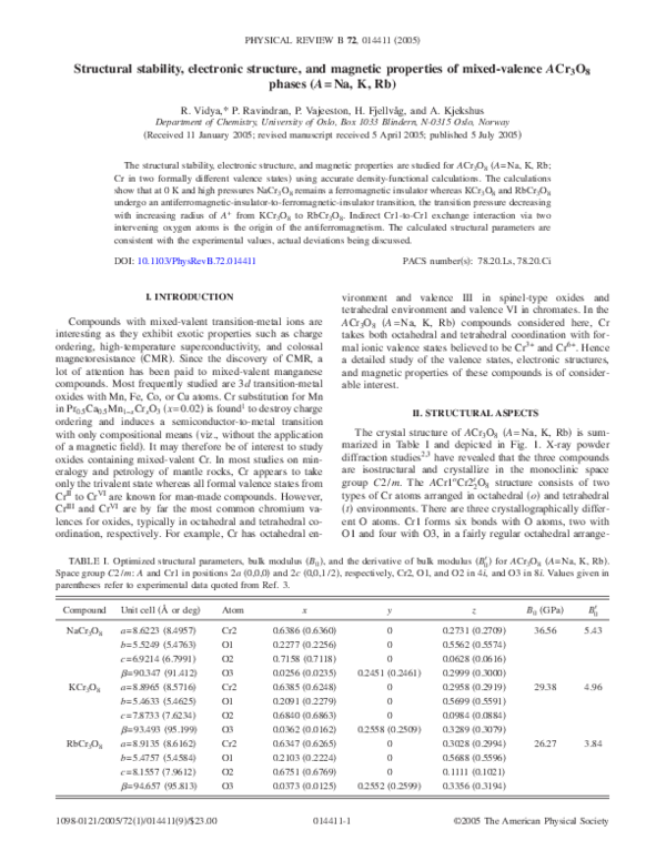 (PDF) Structural stability, electronic structure, and magnetic properties of mixed-valence ACr ...