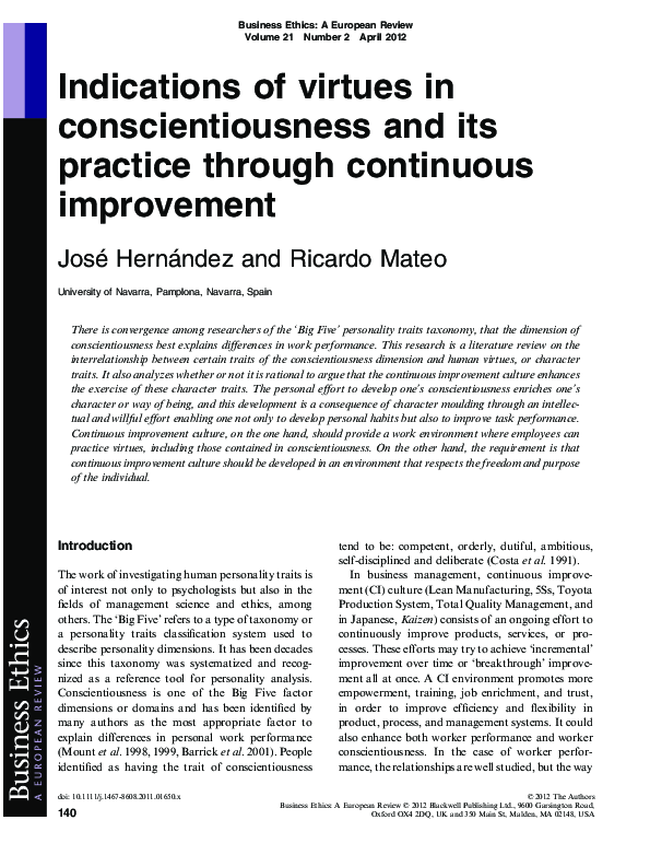 (PDF) Indications of virtues in conscientiousness and its practice ...