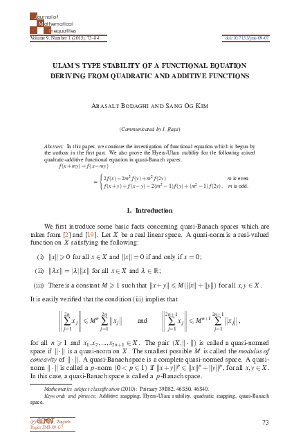 (PDF) Ulam's type stability of a functional equation deriving from quadratic and additive functions