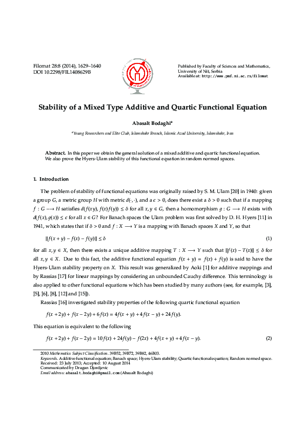 (PDF) Stability of a mixed type additive and quartic functional equation