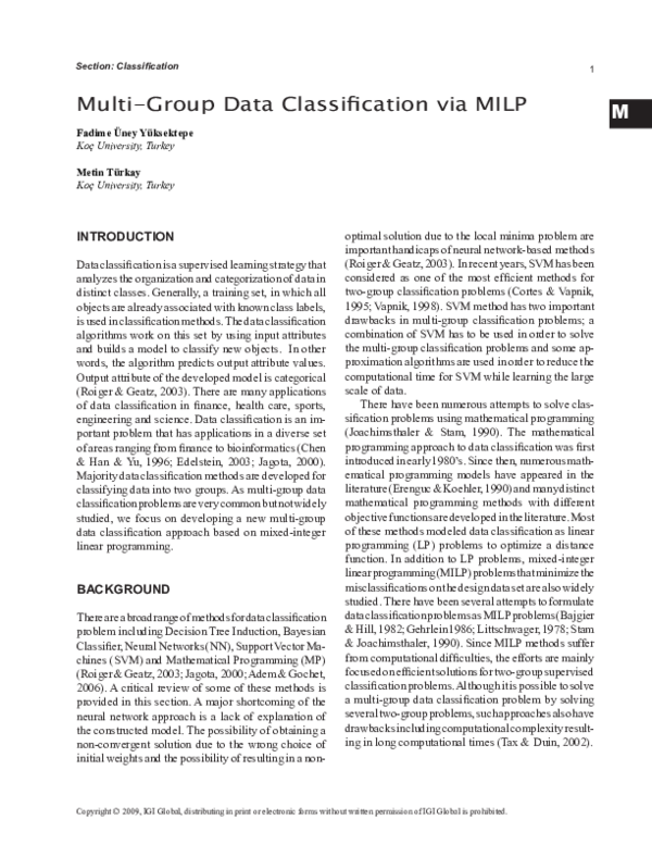 (PDF) Multi-Group Data Classification via MILP
