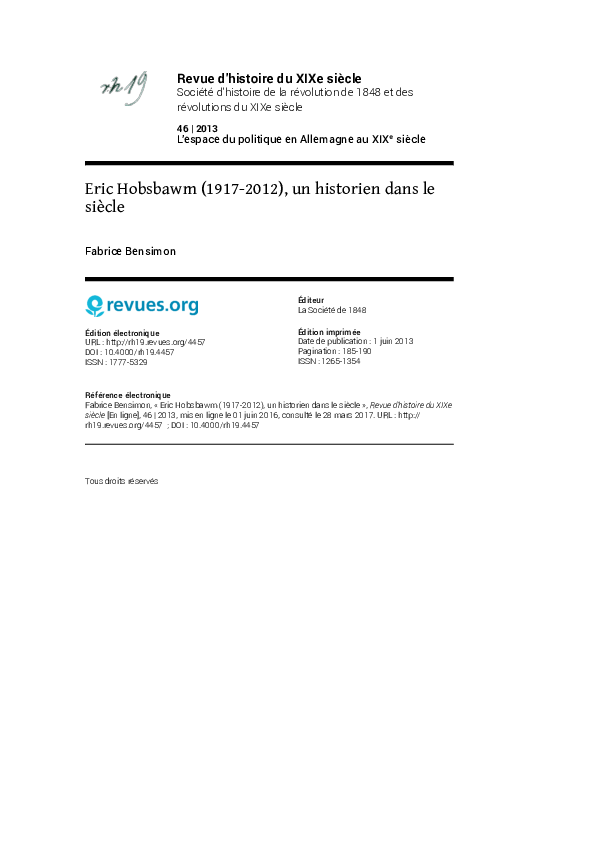(PDF) Eric Hobsbawm (1917-2012), un historien dans le siècle