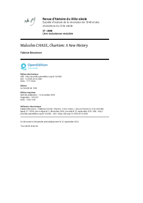 (PDF) Malcolm CHASE, Chartism: A New History