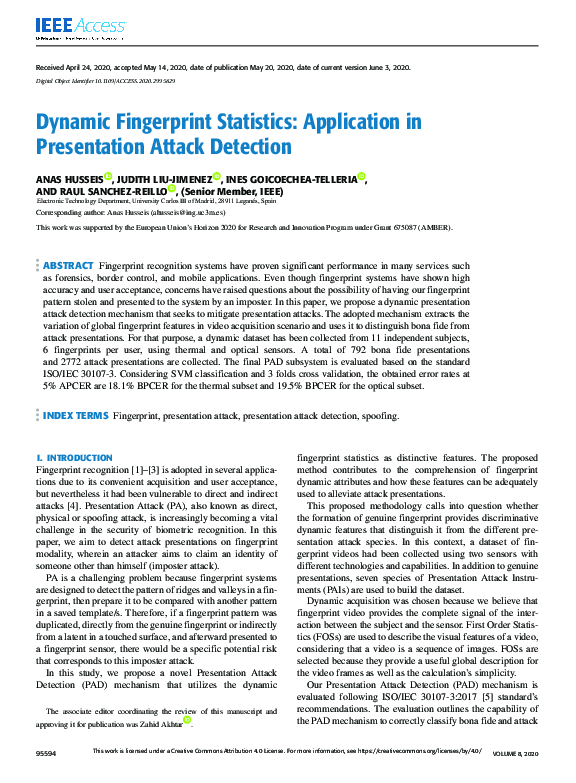 (PDF) Dynamic Fingerprint Statistics: Application in Presentation Attack Detection | Anas ...