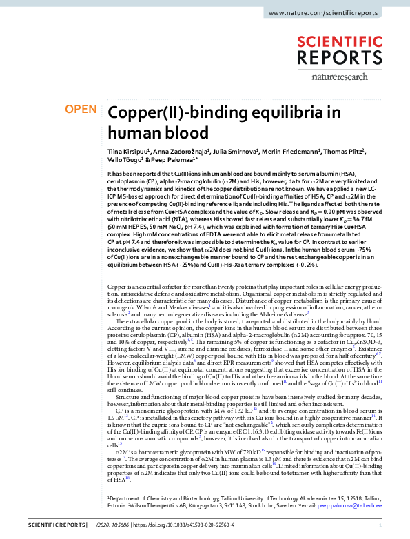 (PDF) Copper(II)-binding equilibria in human blood