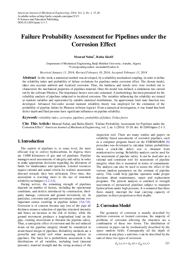 (PDF) Failure Probability Assessment for Pipelines under the Corrosion Effect