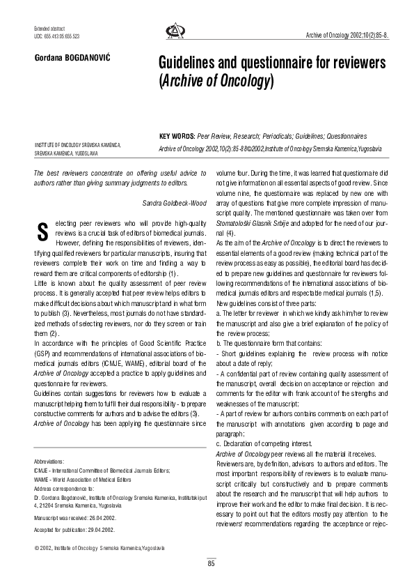 (PDF) Guidelines and questionnaire for reviewers - Archive of Oncology