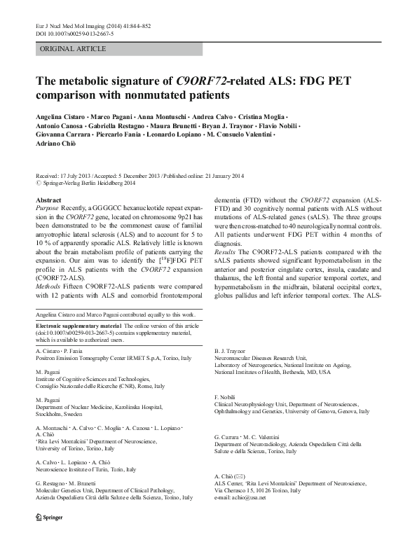 (PDF) The metabolic signature of C9ORF72-related ALS: FDG PET ...