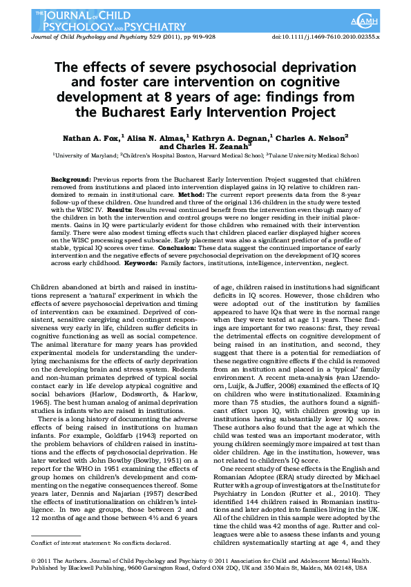 (PDF) The effects of severe psychosocial deprivation and foster care ...