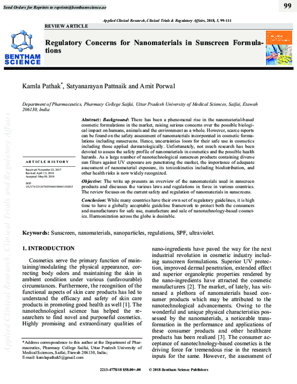 (PDF) Regulatory Concerns for Nanomaterials in Sunscreen Formulations