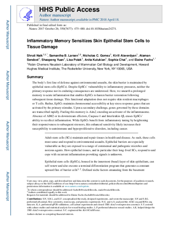 (PDF) Inflammatory memory sensitizes skin epithelial stem cells to ...