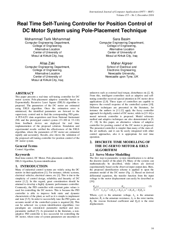 Pdf Real Time Self Tuning Controller For Position Control Of Dc Motor System Using Pole