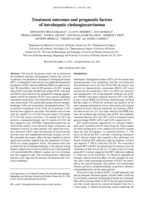 (PDF) Treatment outcomes and prognostic factors of intrahepatic cholangiocarcinoma | Alan ...