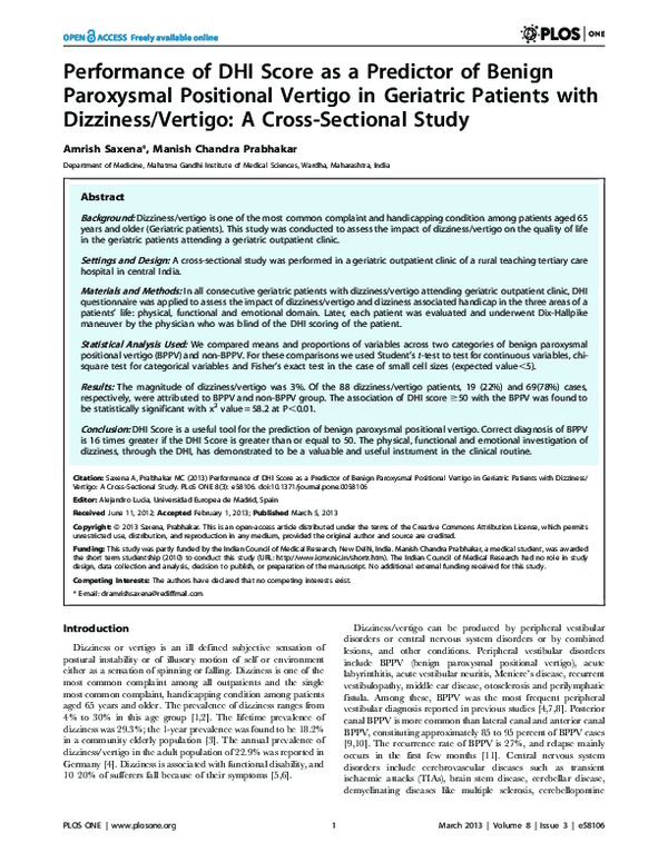 (PDF) Performance of DHI Score as a Predictor of Benign Paroxysmal ...