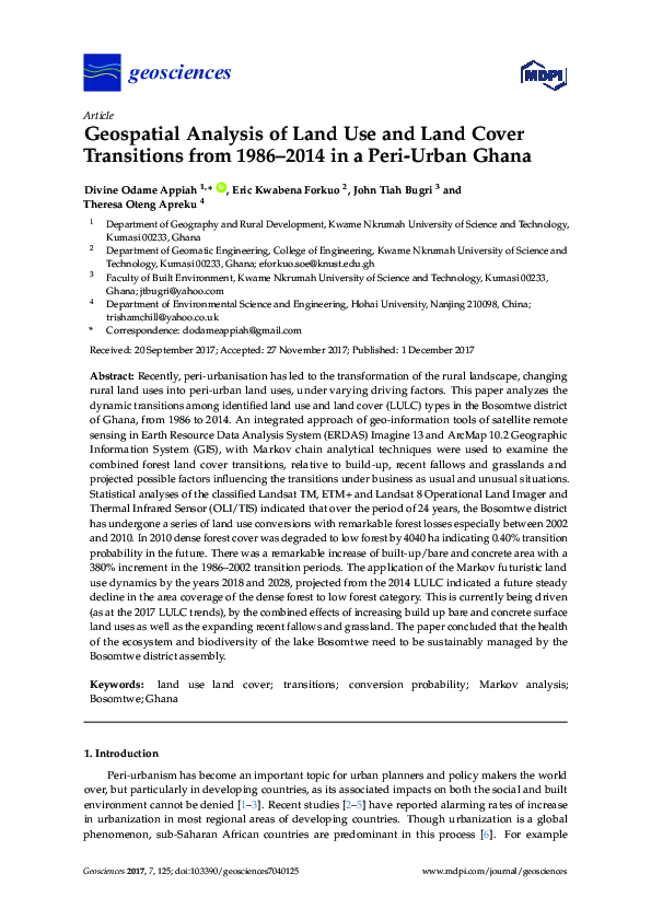 (PDF) Geospatial Analysis of Land Use and Land Cover Transitions from ...