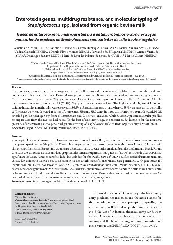 (PDF) Enterotoxin genes, multidrug resistance, and molecular typing of Staphylococcus spp ...