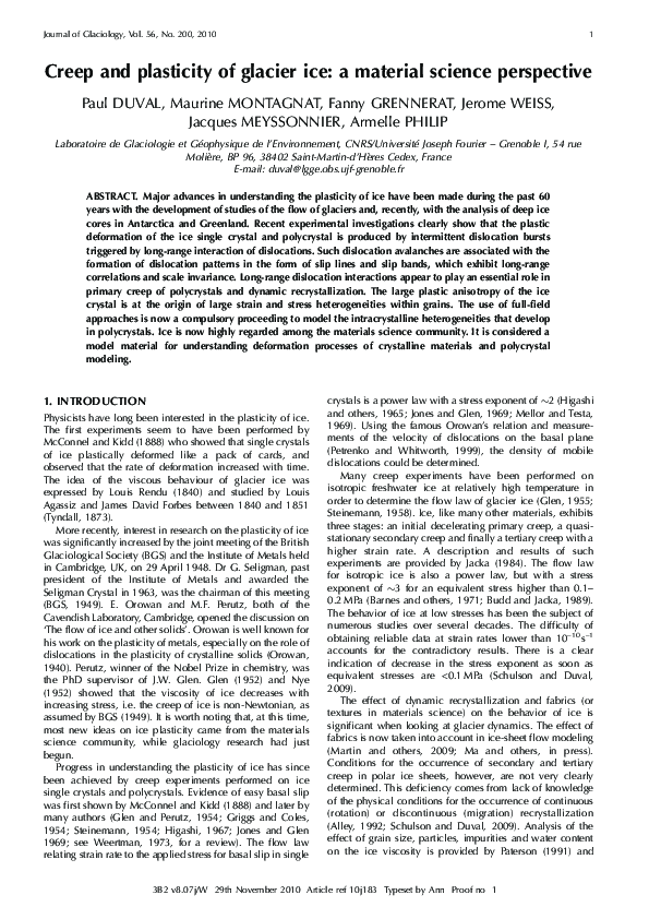 (PDF) Creep and plasticity of glacier ice: a material science perspective