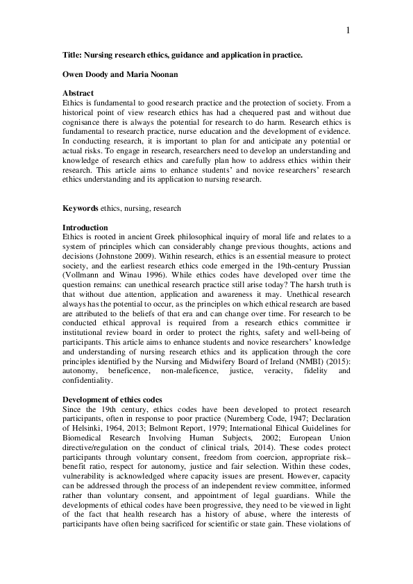(PDF) Nursing research ethics, guidance and application in practice