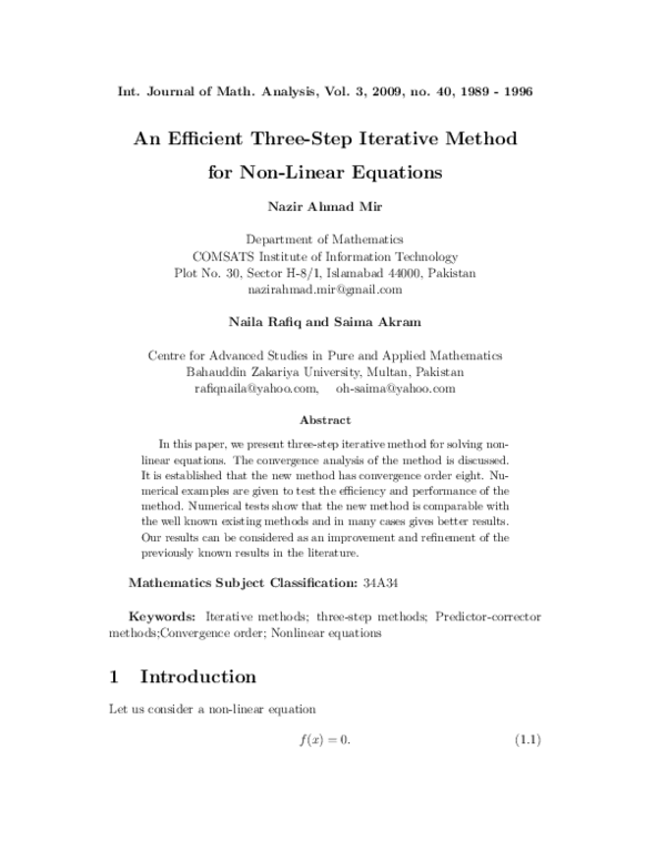 Pdf An Efficient Three Step Iterative Method For Non Linear Equations