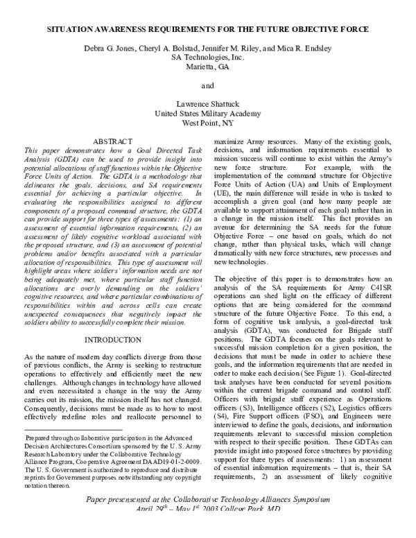(PDF) Situation Awareness Requirements for the Future Objective Force