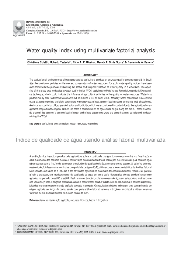 (PDF) Water quality index using multivariate factorial analysis