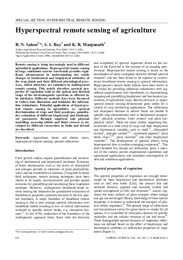 (PDF) Hyperspectral remote sensing of agriculture