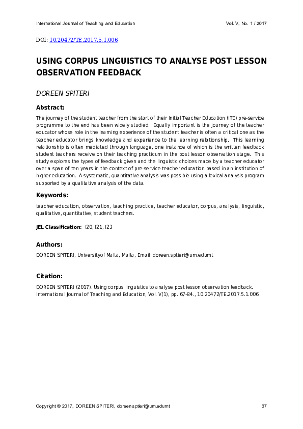 (PDF) Using Corpus Linguistics to Analyse Post Lesson Observation Feedback