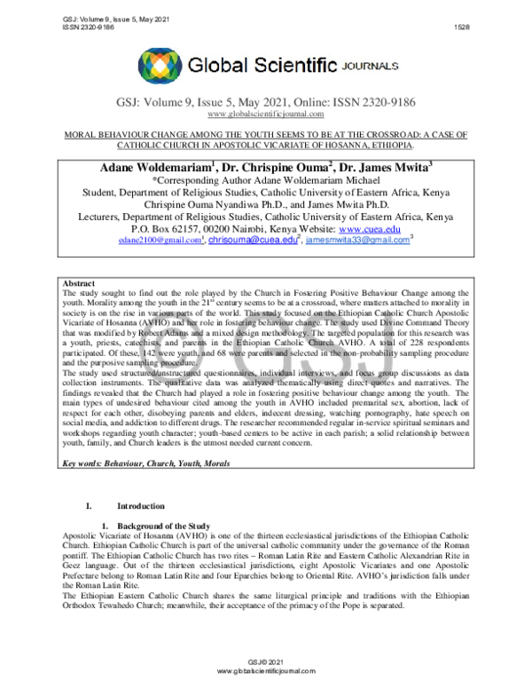 MORAL BEHAVIOUR CHANGE AMONG THE YOUTH SEEMS TO BE AT THE CROSSROAD