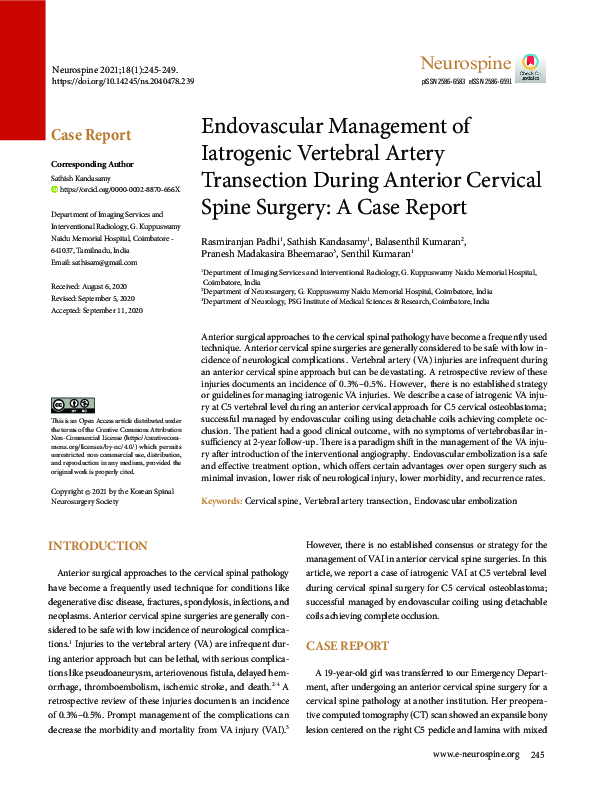 Pdf Endovascular Management Of Iatrogenic Vertebral Artery