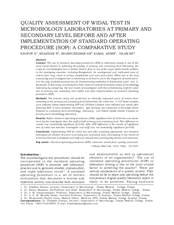 (PDF) Quality Assessment of Widal Test in Microbiology Laboratories at ...