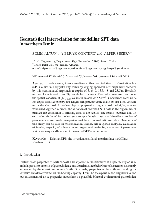(PDF) Geostatistical interpolation for modelling SPT data in northern Izmir | A. Burak Göktepe ...
