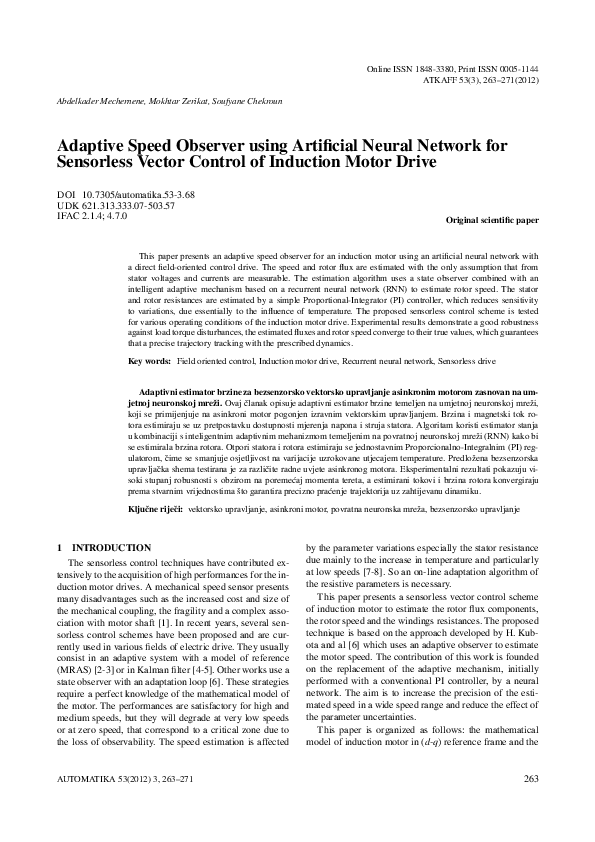 Pdf Adaptive Speed Observer Using Artificial Neural Network For