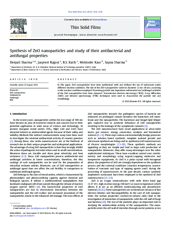(PDF) Synthesis of ZnO nanoparticles and study of their antibacterial and antifungal properties