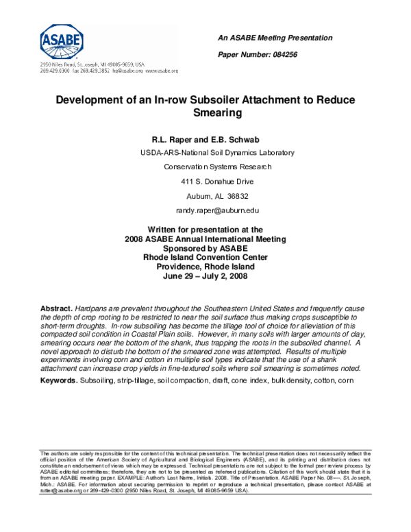 (PDF) Development of an In-row Subsoiler Attachment to Reduce Smearing