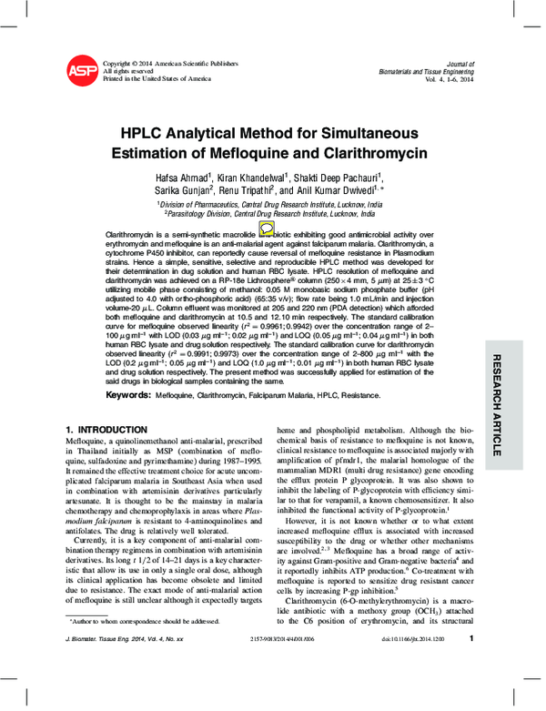 (PDF) HPLC Analytical Method for Simultaneous Estimation of Mefloquine and Clarithromycin