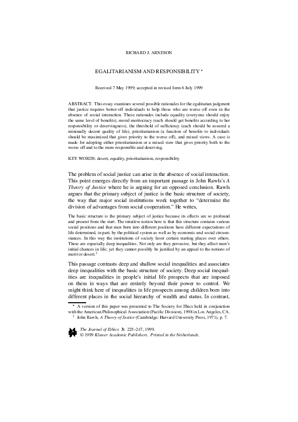 (PDF) Egalitarianism and responsibility