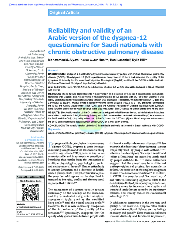 (PDF) Reliability and validity of an arabic version of the dyspnea-12 ...