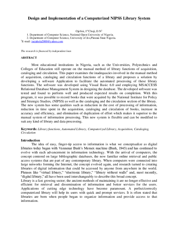 (PDF) Design and Implementation of a Computerized Library System: A ...