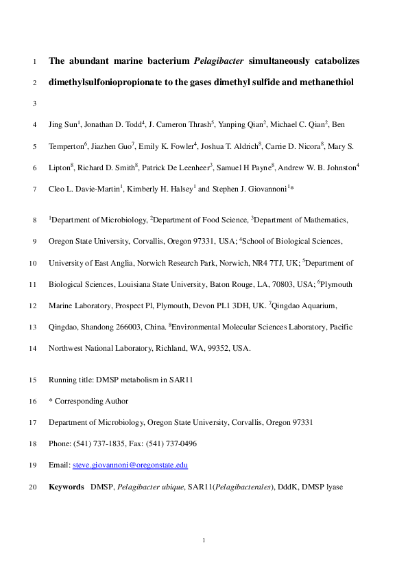 (PDF) The abundant marine bacterium Pelagibacter simultaneously ...