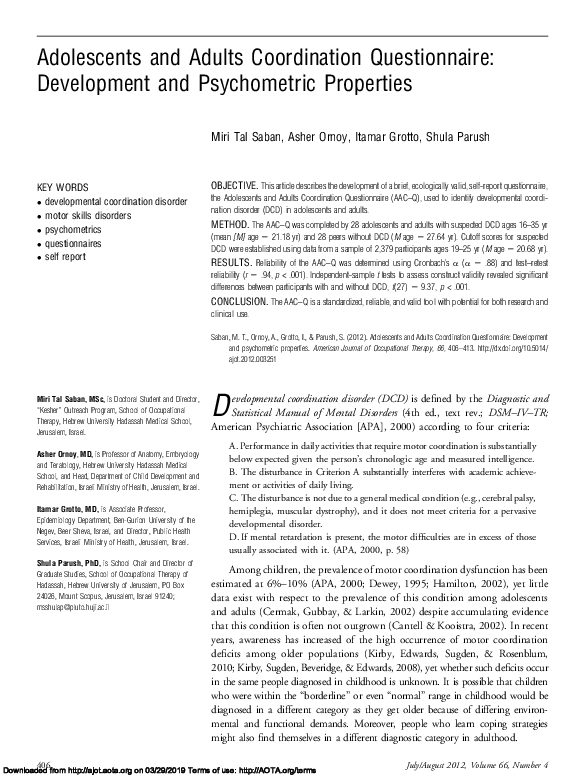 (PDF) Adolescents and Adults Coordination Questionnaire: Development ...