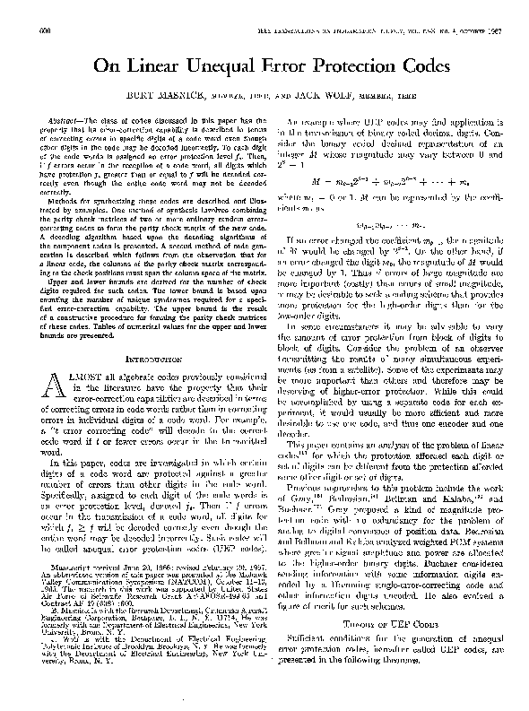 Pdf On Linear Unequal Error Protection Codes Burt Masnick