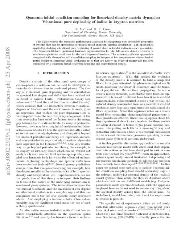 (PDF) Quantum initial condition sampling for linearized density matrix dynamics: Vibrational ...