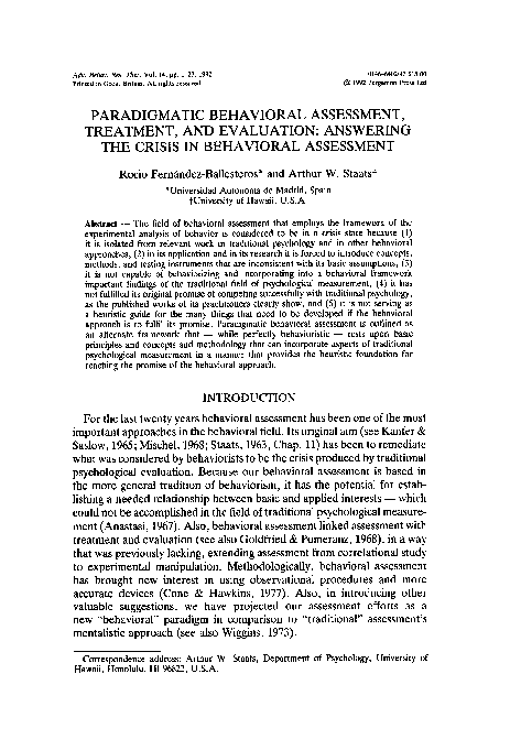 (PDF) Paradigmatic behavioral assessment, treatment, and evaluation ...