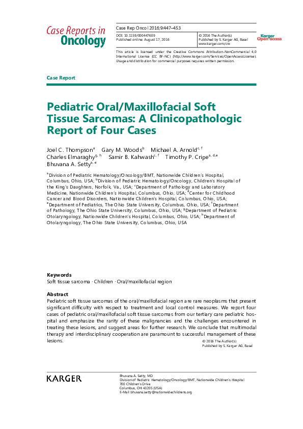 (PDF) Pediatric Oral/Maxillofacial Soft Tissue Sarcomas: A ...