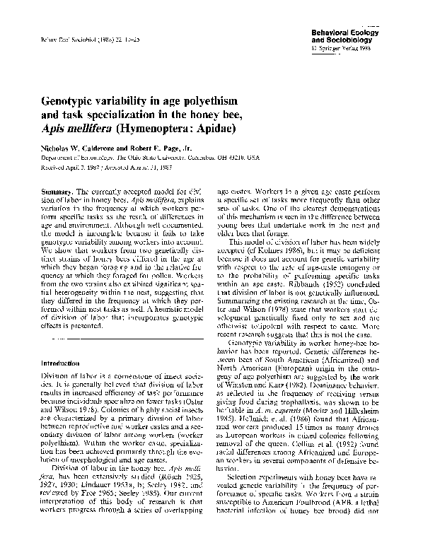 (PDF) Genotypic variability in age polyethism and task specialization ...
