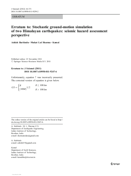 (PDF) Stochastic ground-motion simulation of two Himalayan earthquakes: seismic hazard ...