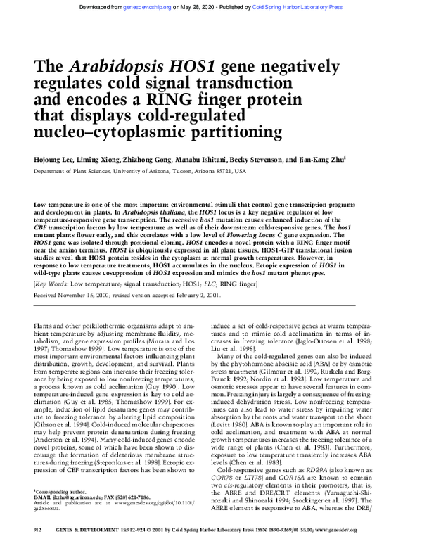 (PDF) The Arabidopsis HOS1 gene negatively regulates cold signal ...
