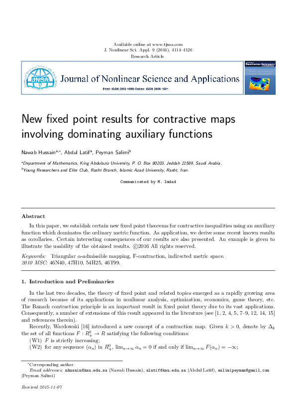 (PDF) New fixed point results for contractive maps involving dominating auxiliary functions